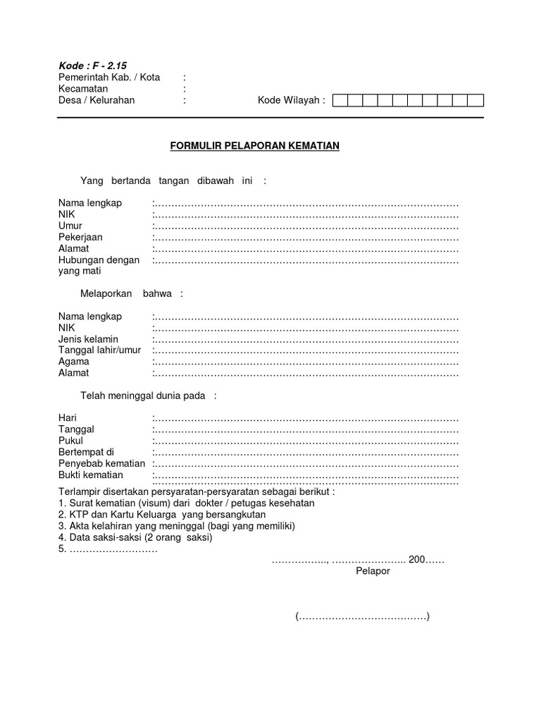 Formulir Pelaporan Kematian F 2 15 | PDF