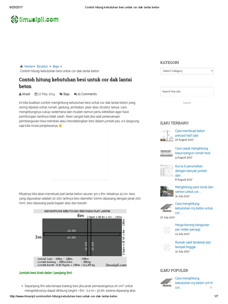 Contoh Hitung Kebutuhan Besi Untuk Cor Dak Lantai Beton | PDF