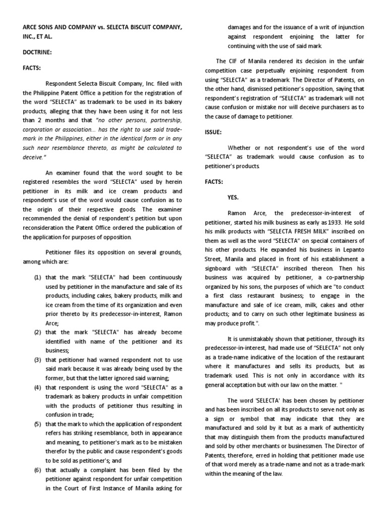 Arce Sons Vs Selecta Biscuit | PDF | Trademark | Injunction