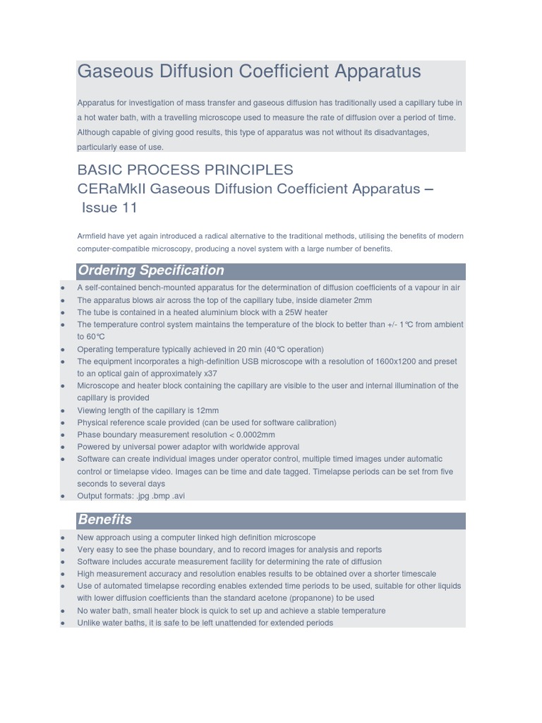 Gaseous Diffusion Coefficient Apparatus | PDF | Diffusion | Liquids