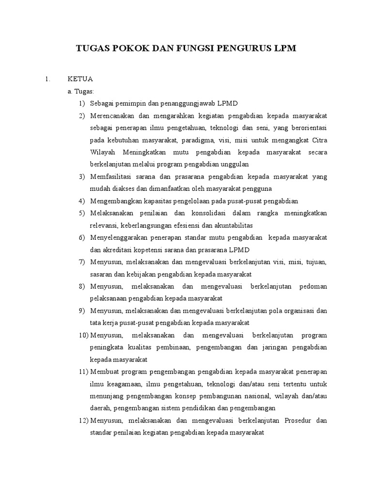 Tugas Pokok Dan Fungsi Pengurus LPM 1 | PDF | Karier & Perkembangan