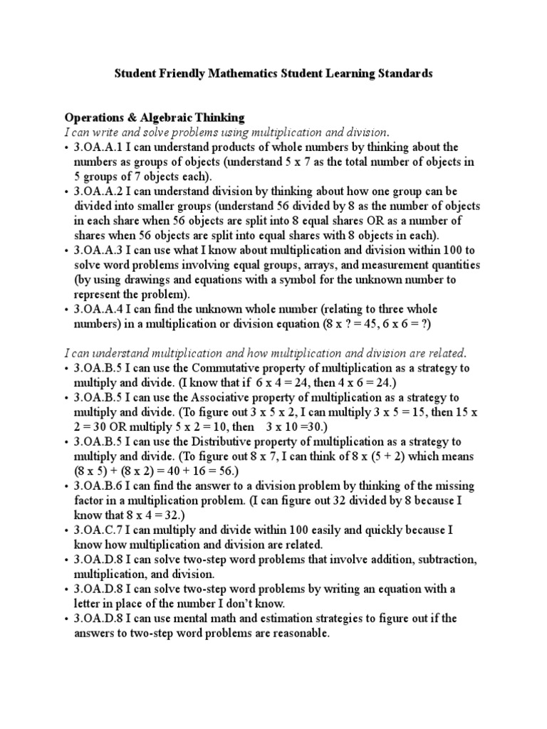 Student Friendly Mathematics Student Learning Standards | PDF ...