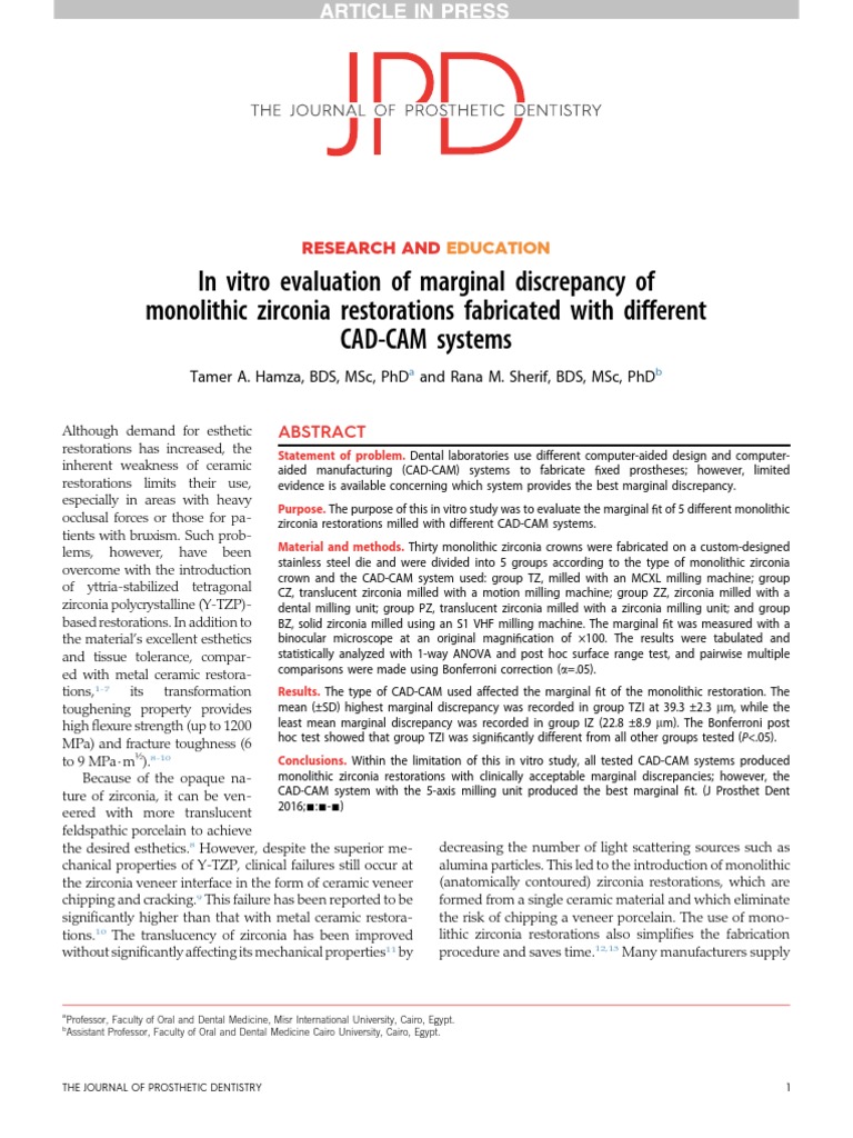 In Vitro Evaluation of Marginal Discrepancy of Monolithic Zirconia ...