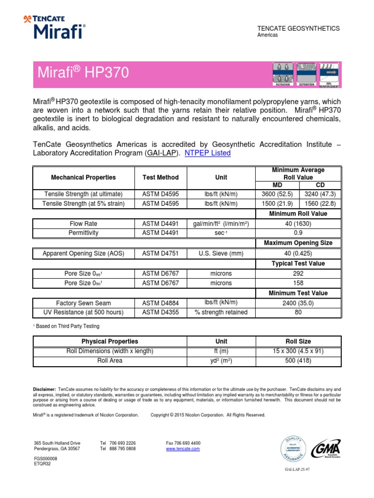 Tencate Mirafi HP 370 | PDF | Strength Of Materials | Chemistry