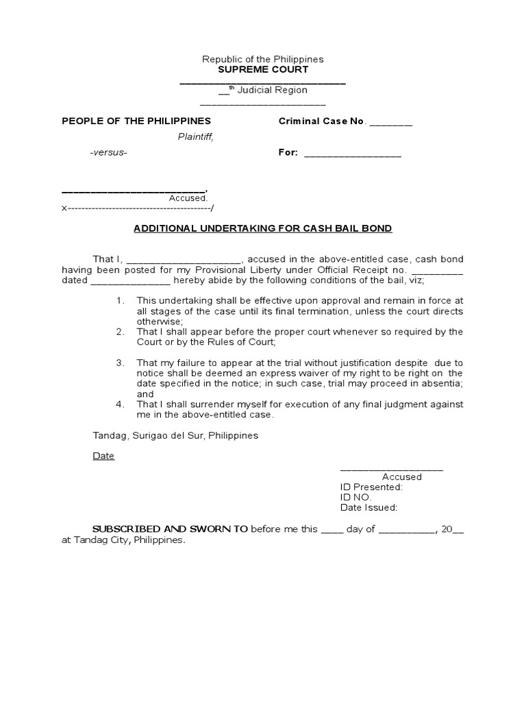Additional Undertaking For Cash Bail Bond | PDF