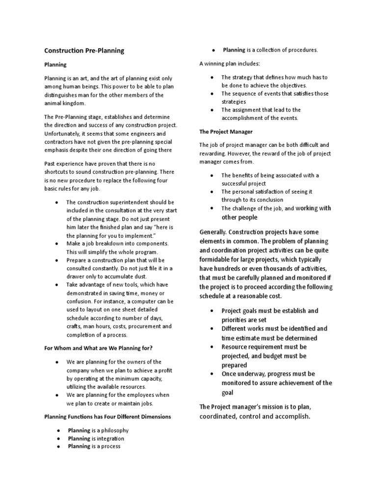 Construction Pre-Planning Essentials | PDF | Project Manager | Leadership