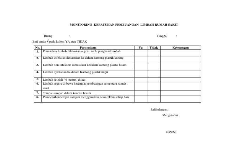 Lembar Audit Kepatuhan Pembuangan Limbah Rumah Sakit | PDF