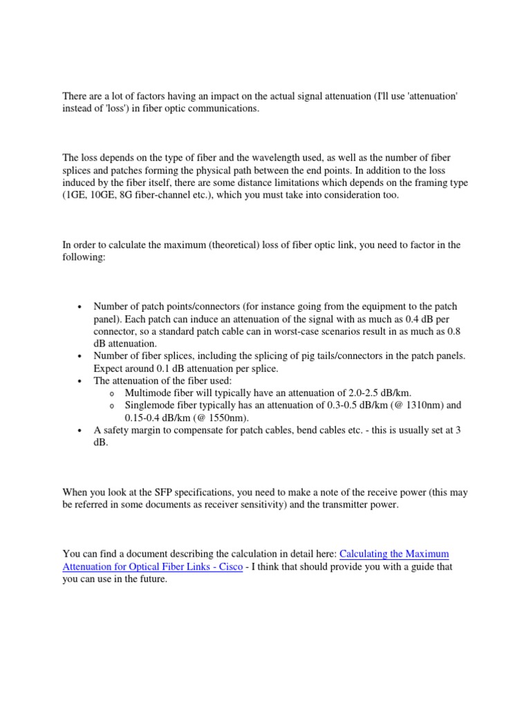 Fiber Attenuation Calculation | PDF | Attenuation | Optical Fiber