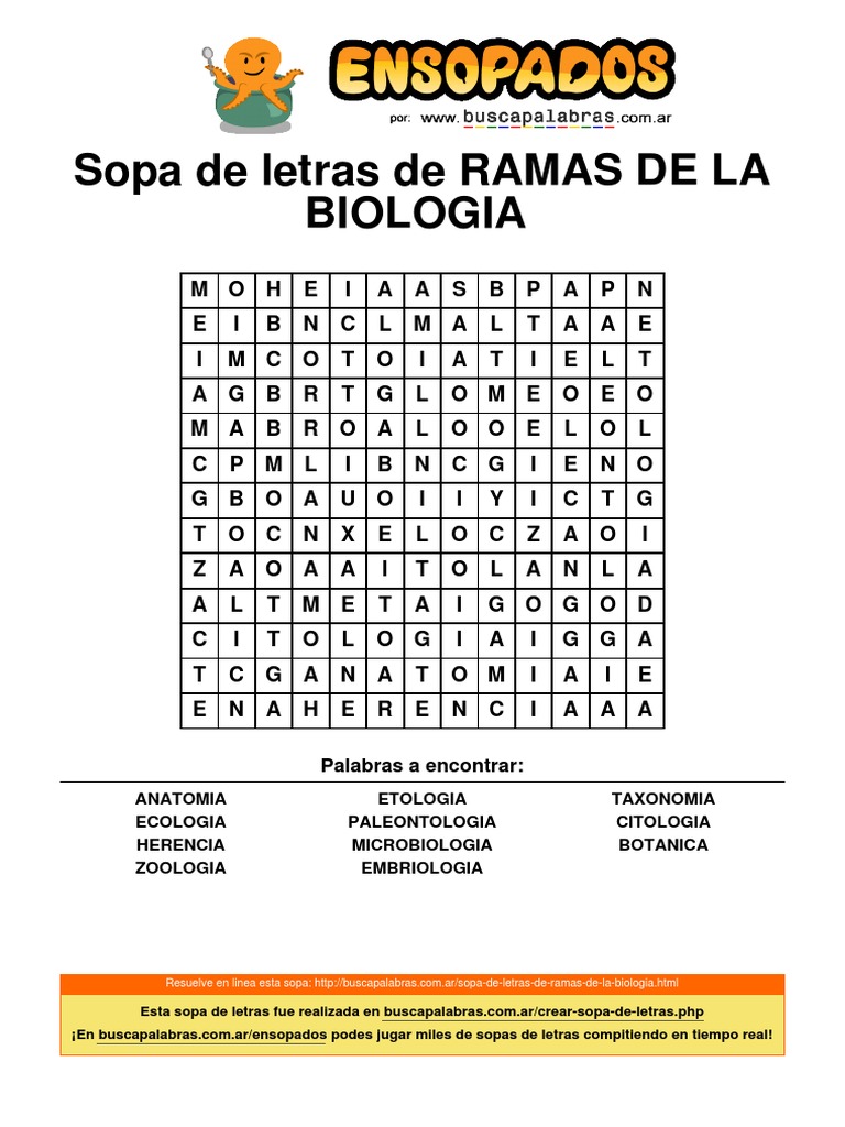 Sopa de Letras de Ramas de La Biologia | PDF