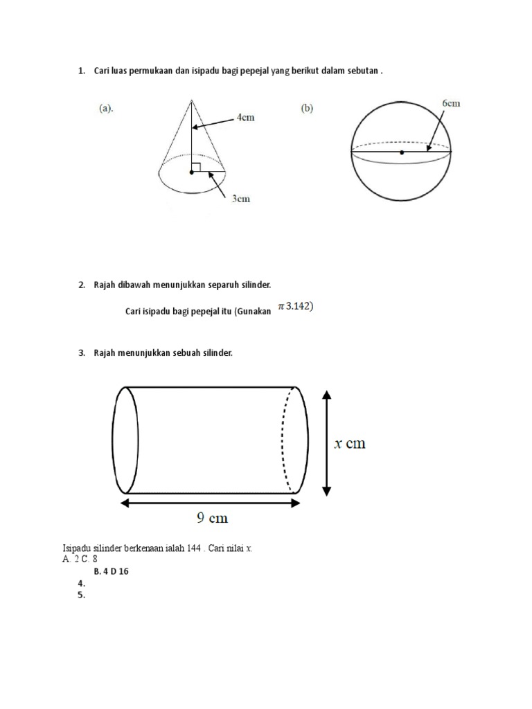 Cari Luas Permukaan Dan Isipadu Bagi Pepejal Yang Berikut Dalam Sebutan | PDF