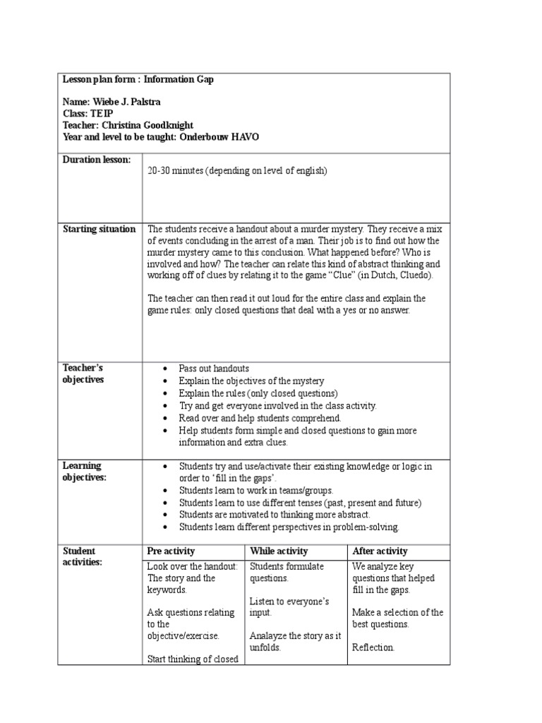Information Gap Lesson Plan | PDF | Lesson Plan | Learning