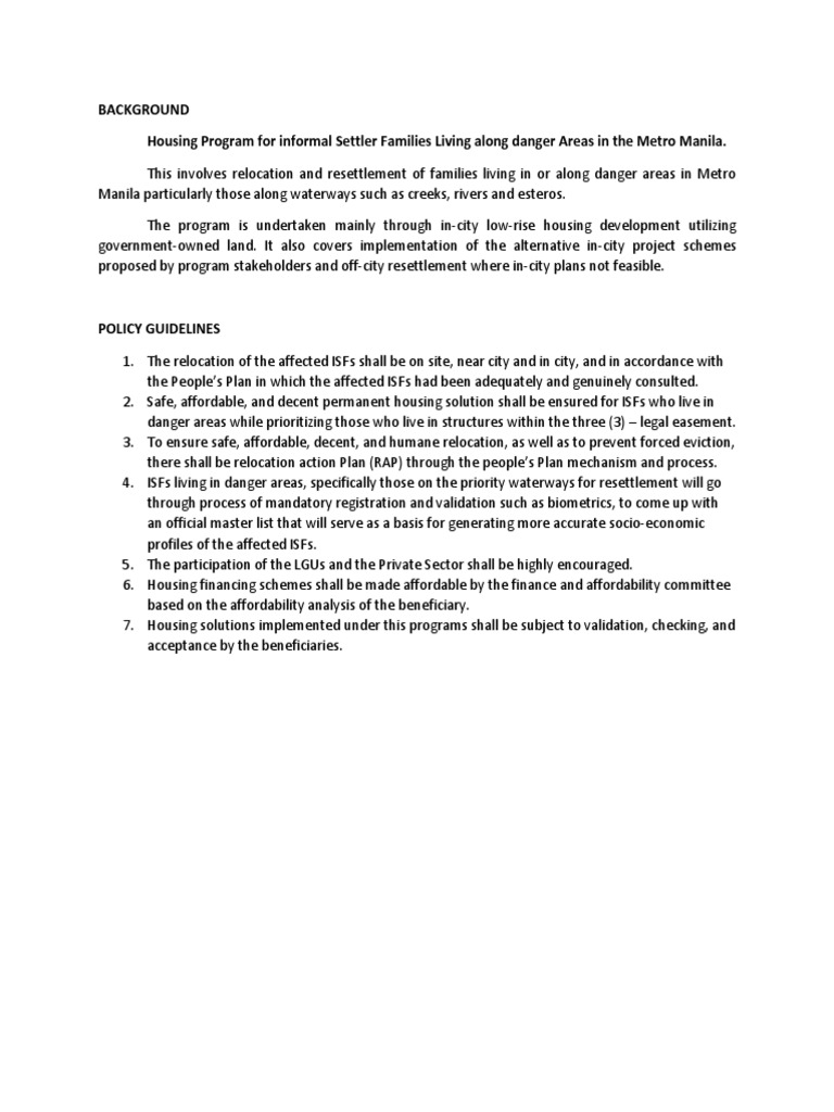 Background Housing Program For Informal Settler Families Living Along ...