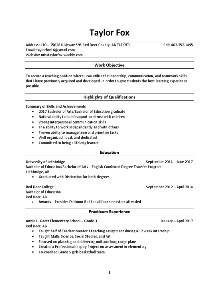 Taylor Fox - Resume | PDF | Teachers | Lesson Plan