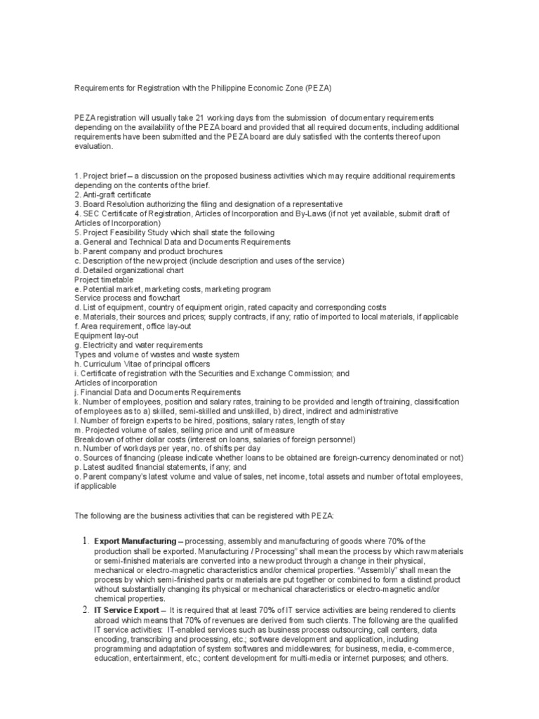 Peza Requirements | PDF | Warehouse | Outsourcing