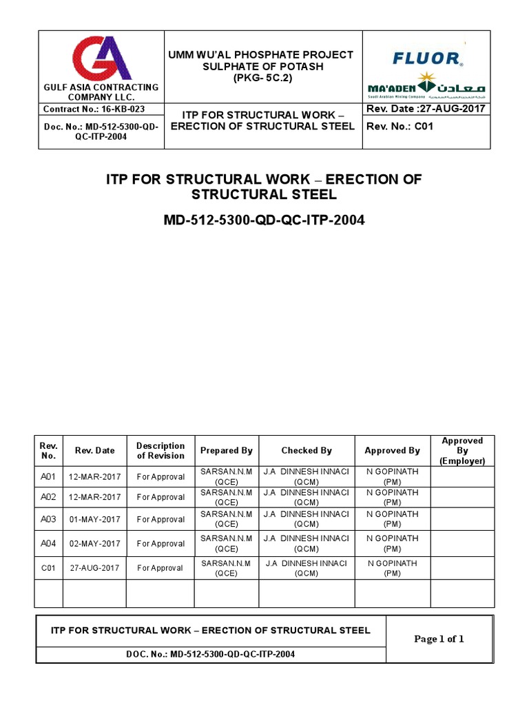 Itp For Structural Work - Erection of Structural Steel MD-512-5300-QD ...
