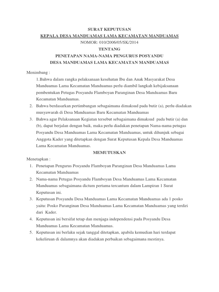 Contoh SK Kader Posyandu 1 | PDF