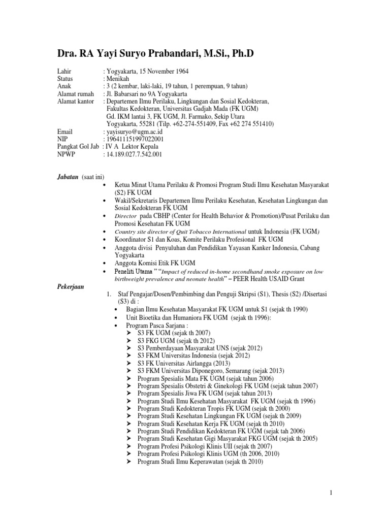 CV Bahasa Singkat Yayi Suryo Prabandari Dept HBESM FK UGM Juni 2016 | PDF | Ilmu Kesehatan ...