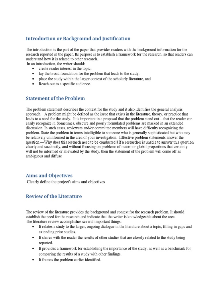 Introduction or Background and Justification: Clearly Define The ...