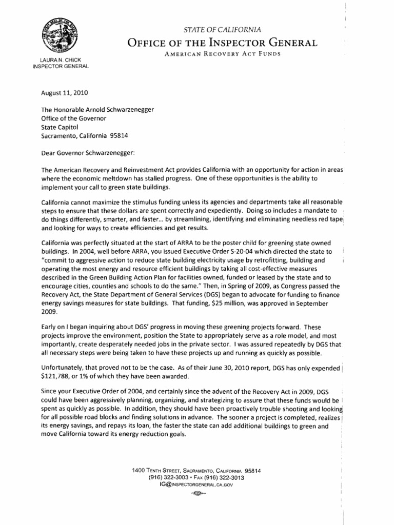 Inspector General Letter To Governor 8-11-10 | PDF | American Recovery ...