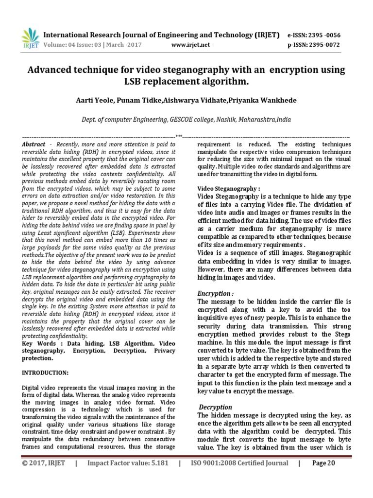 Advanced Technique For Video Steganography With An Encryption Using LSB ...