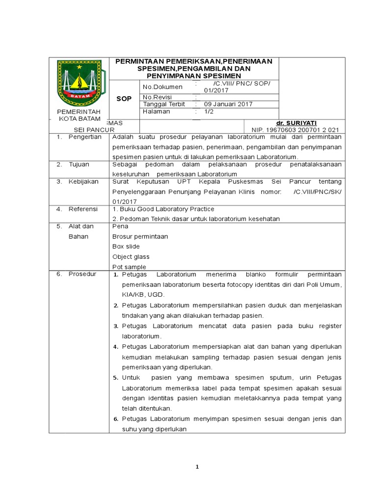 8.1.2.1 Sop Permintaan Pemeriksaan, Penerimaan Spesimen, Pengambilan Dan Penyimpanan Spesimen | PDF