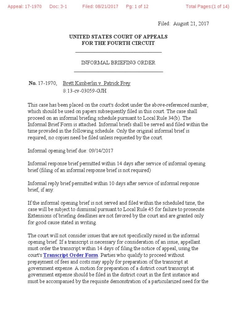 United States Court Of Appeals For The Fourth Circuit: Transcript Order ...