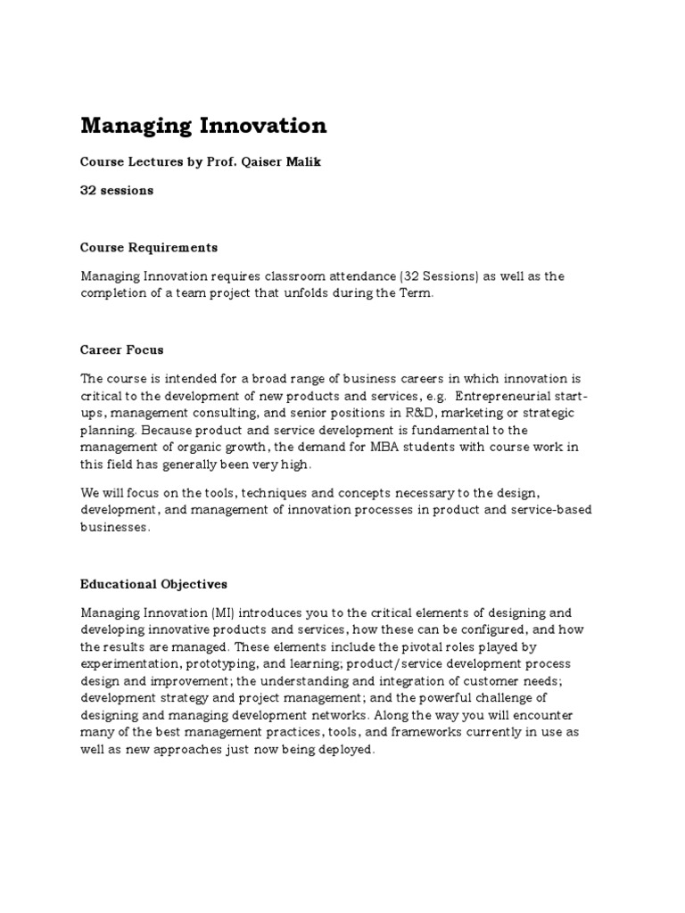 Managing Innovation-Course Outline | PDF | Innovation | Design
