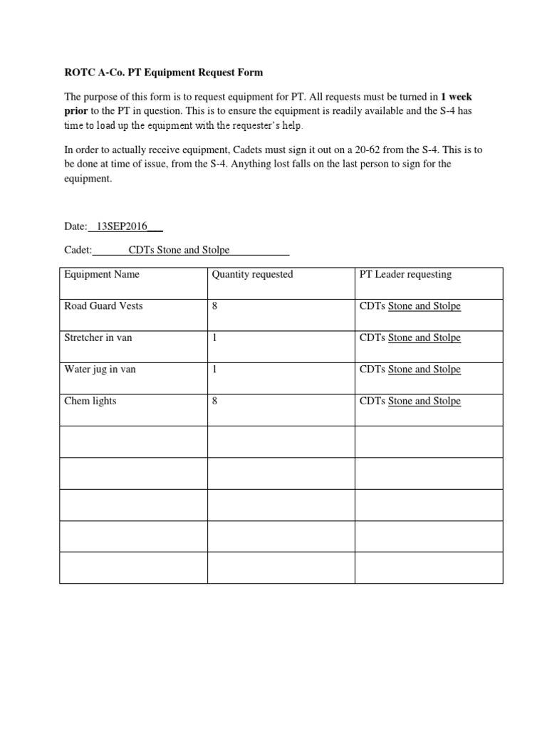 ROTC PT Equipment Request Form | PDF