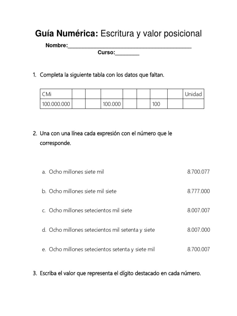 Guía de Valor Posicional para Estudiantes | PDF | Notación Matemática ...