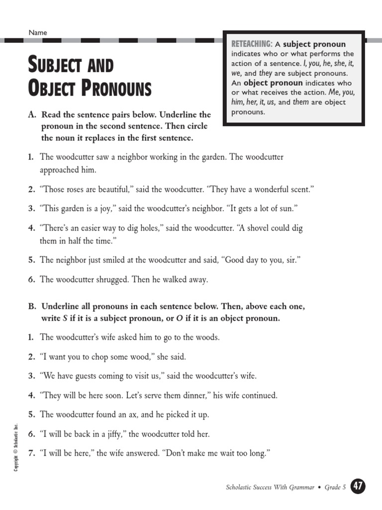 Subject And Object Pronoun Worksheet Pronouns Worksheets And Exercises