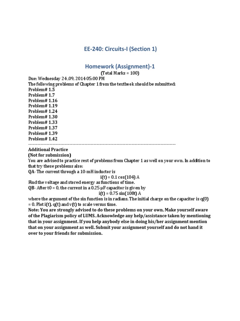 EE240 Assignment-1 | PDF | Homework | Electrical Components
