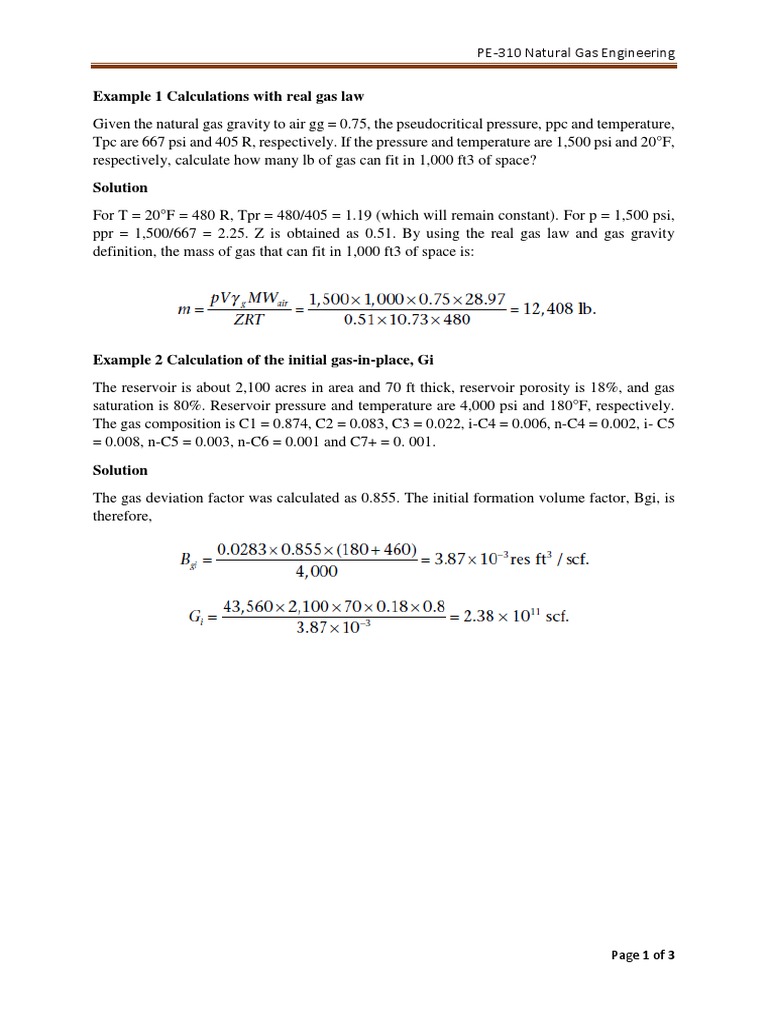 Example 1 Calculations With Real Gas Law: Page 1 of 3 | PDF