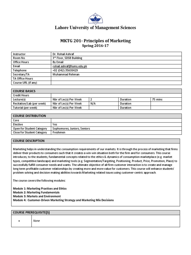 PM - Course Outline 2016-2017-Student | PDF | Marketing | Goal