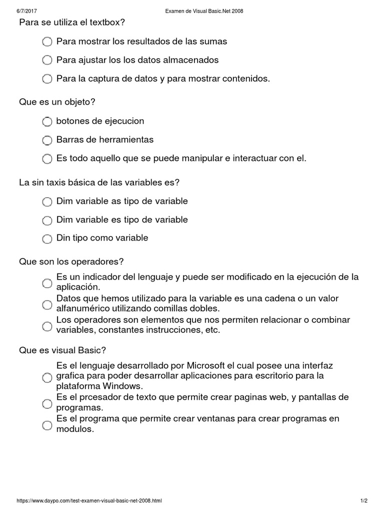 Examen sobre conceptos básicos de Visual Basic.NET 2008: preguntas y respuestas | PDF | Básico ...