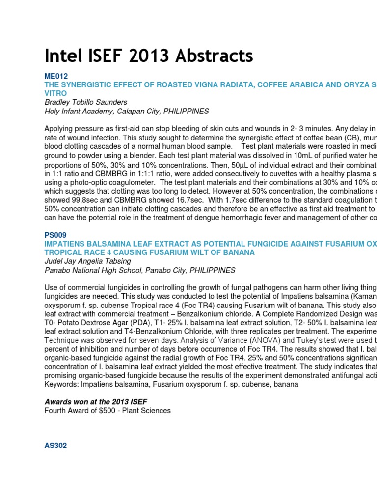 Intel ISEF 2013 Abstracts: Bradley Tobillo Saunders Holy Infant Academy, Calapan City ...