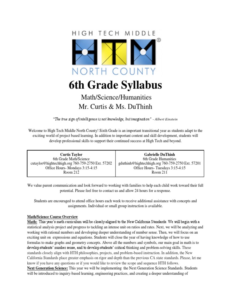 6th Grade Syllabus Curtisduthinh | PDF | Reading (Process) | Learning