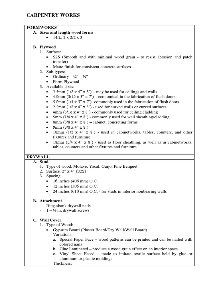 Carpentry Works: Formworks A. Sizes and Length Wood Forms | Download ...