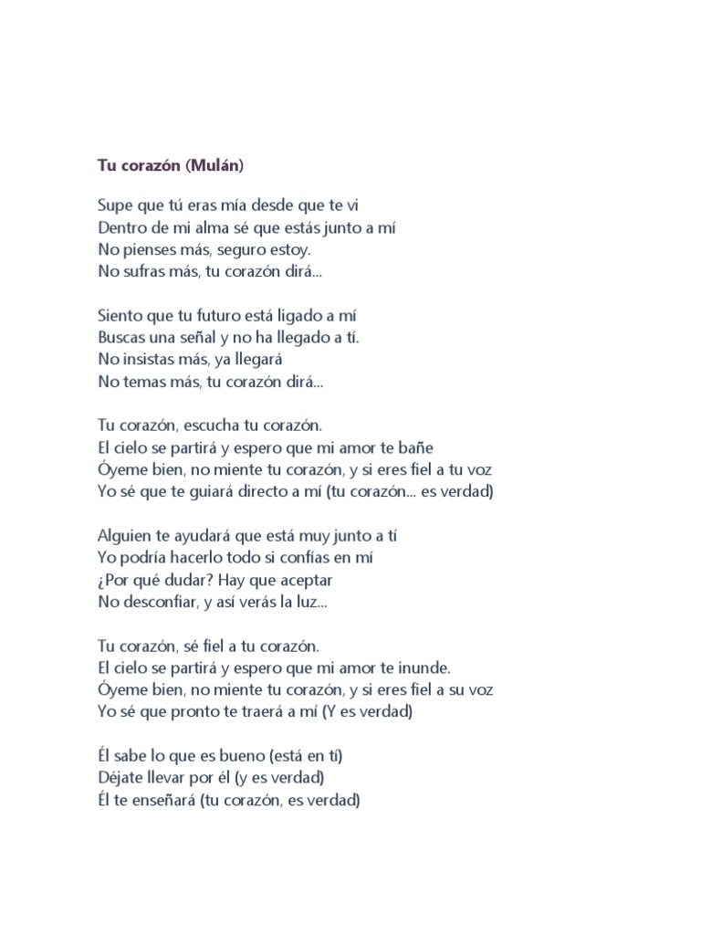Mulán - Tu Corazón (Letra Español) | PDF