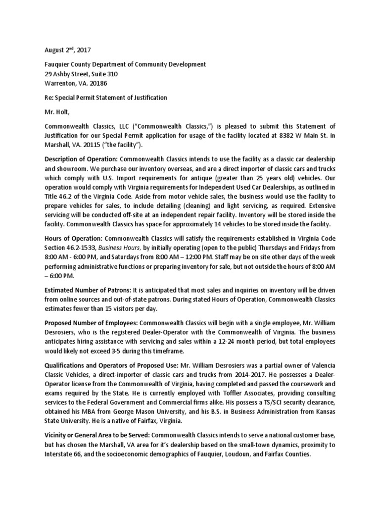Commonwealth Classics LLC Statement of Justification | PDF | Virginia | Car