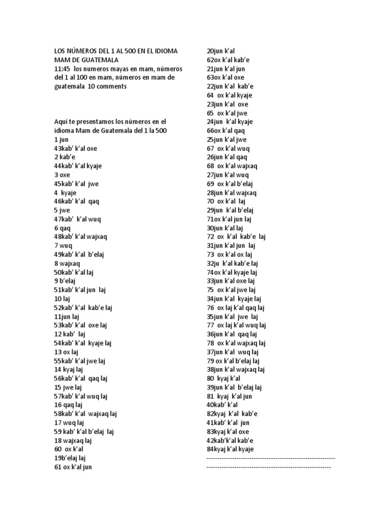 Los Números Idioma Mam de Guatemala | Pueblos indígenas de América ...