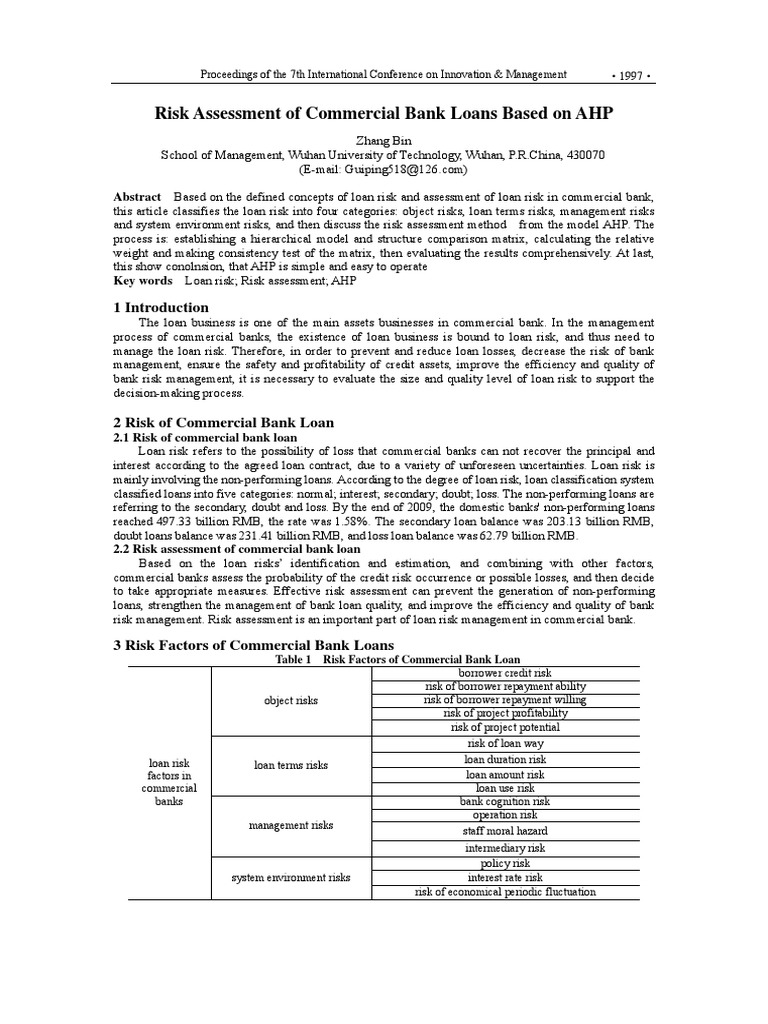 34_Risk Assessment of Commercial Bank Loans Based on AHP.pdf | Risk | Loans