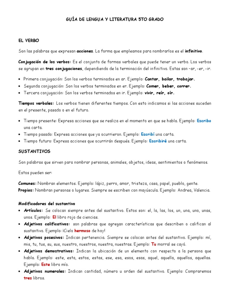 Guía de Lengua y Literatura 5to Grado | PDF | Verbo | Asunto (gramática)