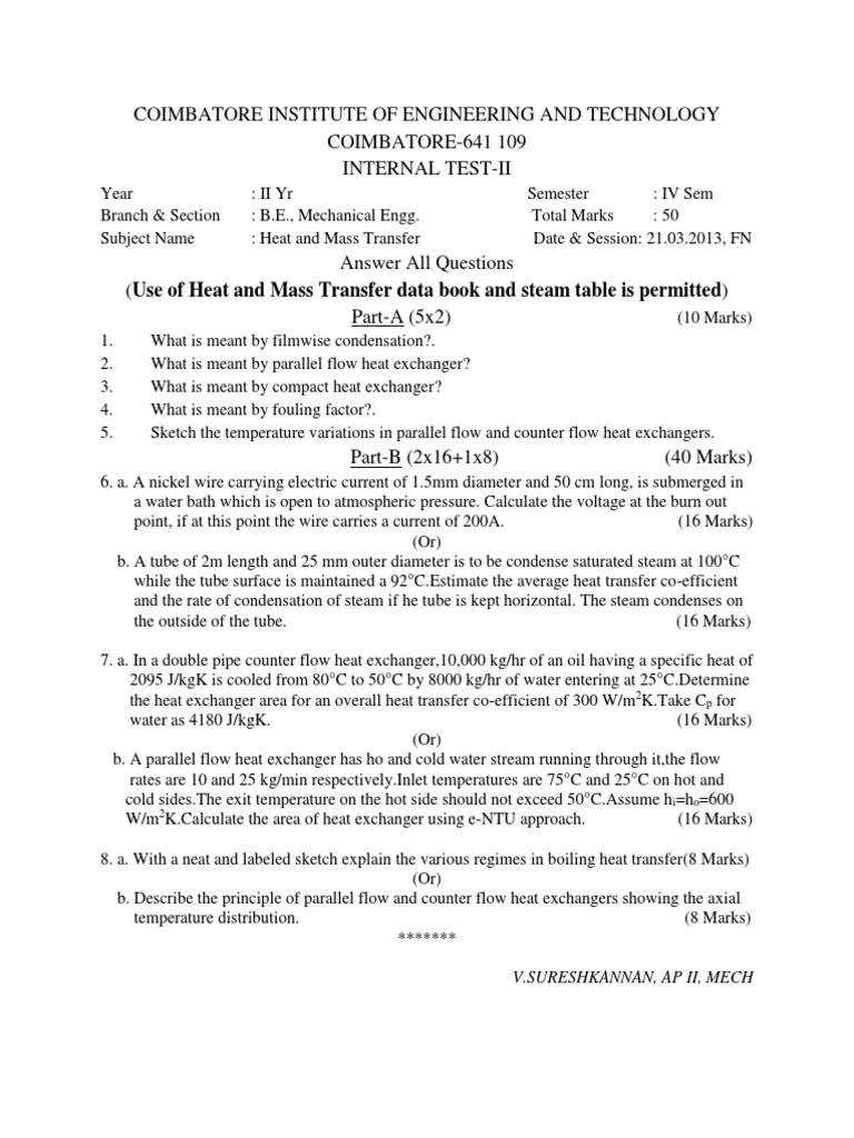 Internal Test II-21.03.2013 | PDF | Heat Exchanger | Heat Transfer