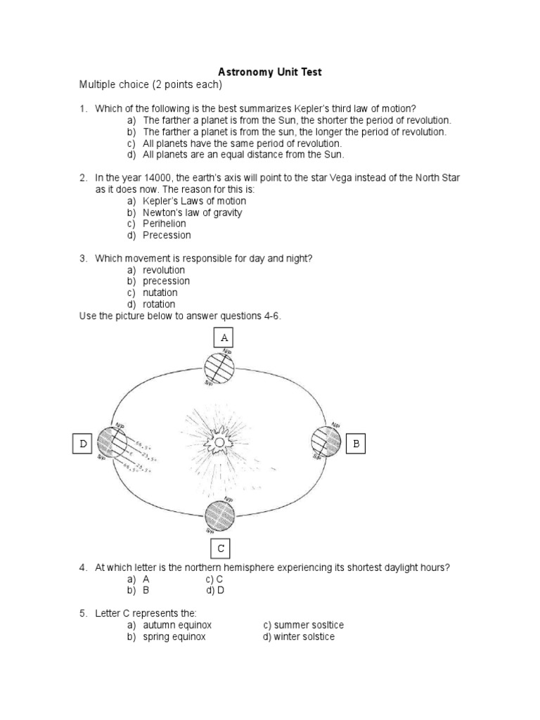 Multiple Choice (2 Points Each) : Astronomy Unit Test | PDF | Sun | Earth