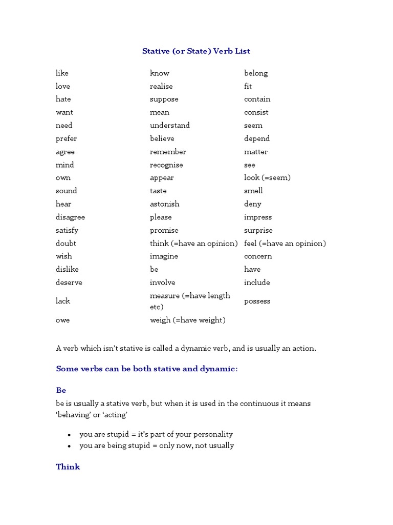 Stative (Or State) Verb List | PDF | Taste | Linguistics