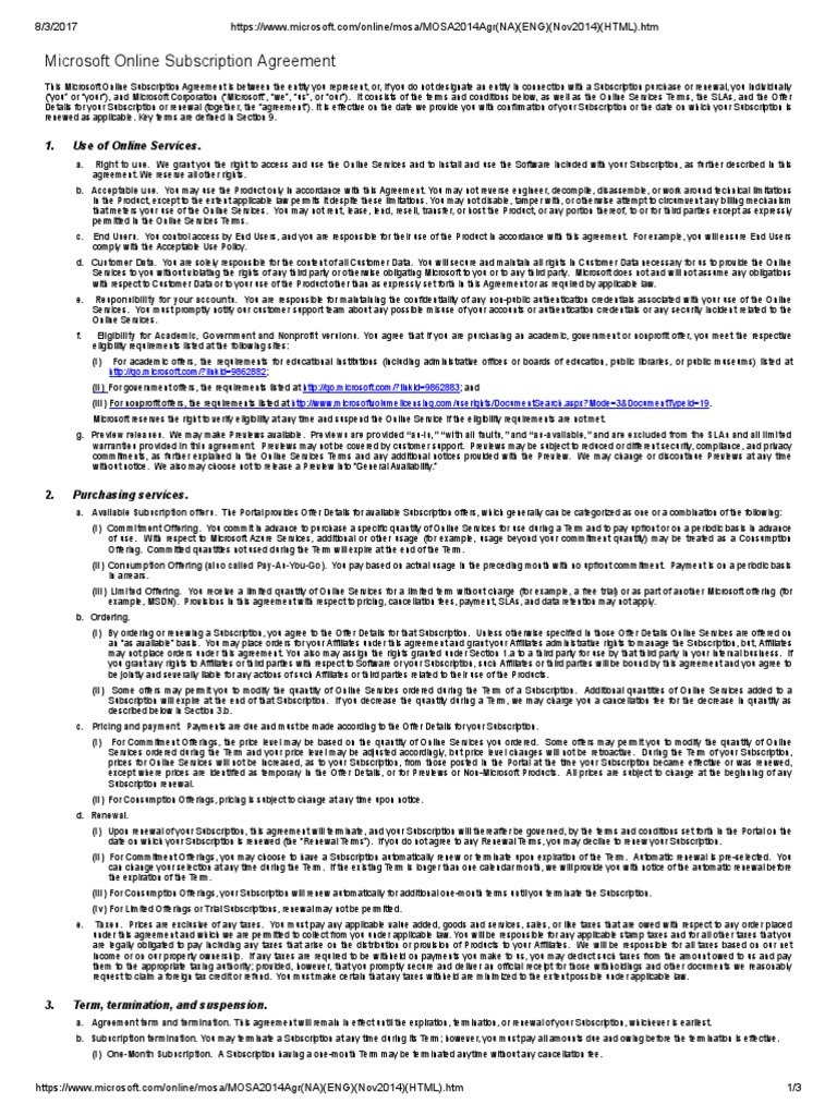 Microsoft Online Subscription Agreement | PDF | Taxes | License