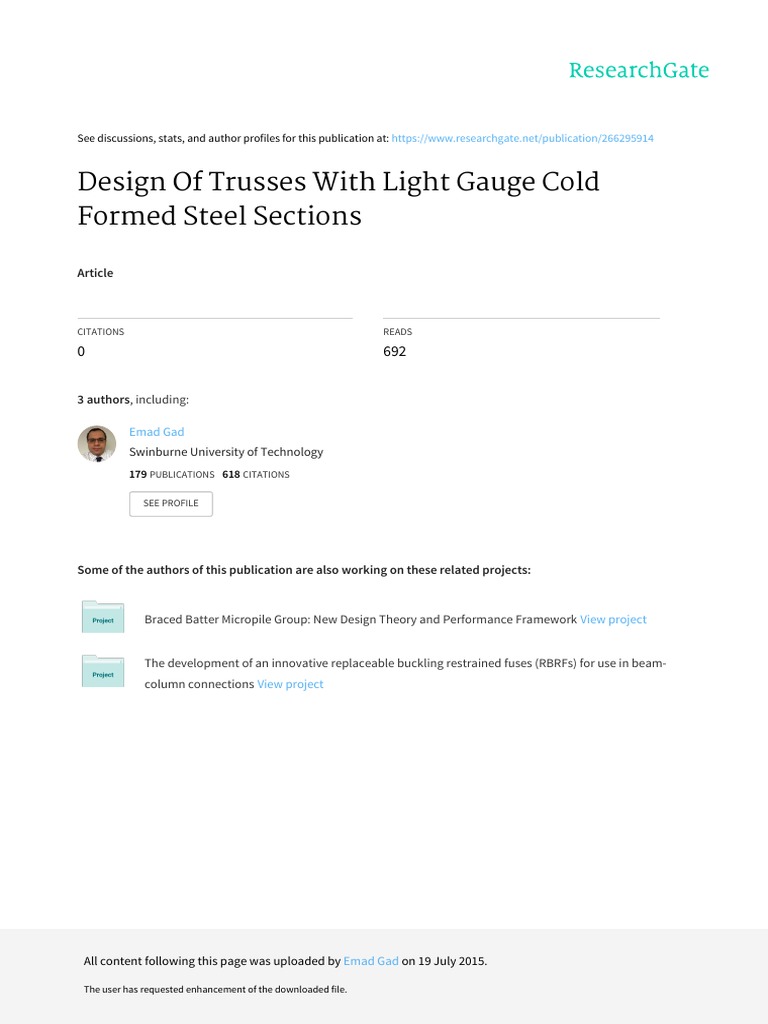Design of Trusses With Light Gauge Cold Formed Ste | PDF | Truss | Bending