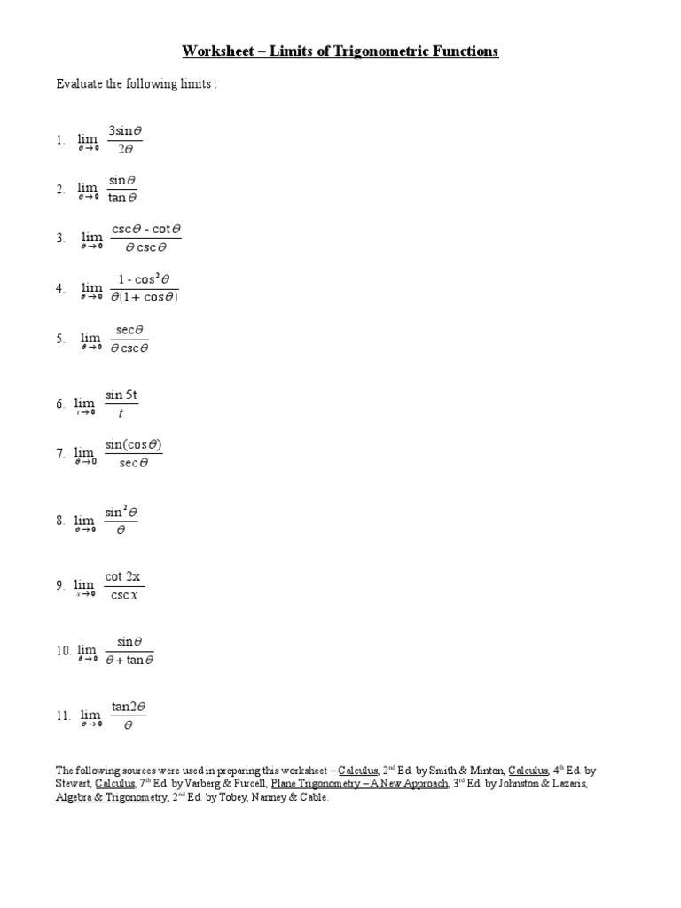 Worksheet - Limits of Trigonometric Functions: Evaluate The Following ...