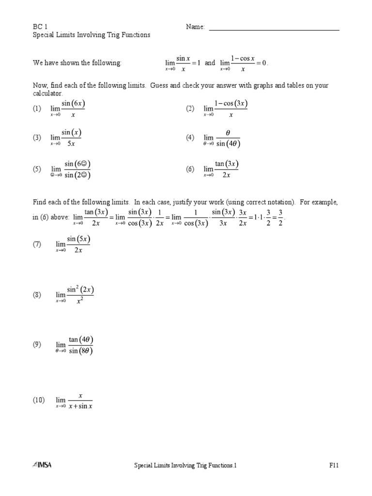 Special Trig Limits Practice Worksheet | PDF | Teaching Methods ...