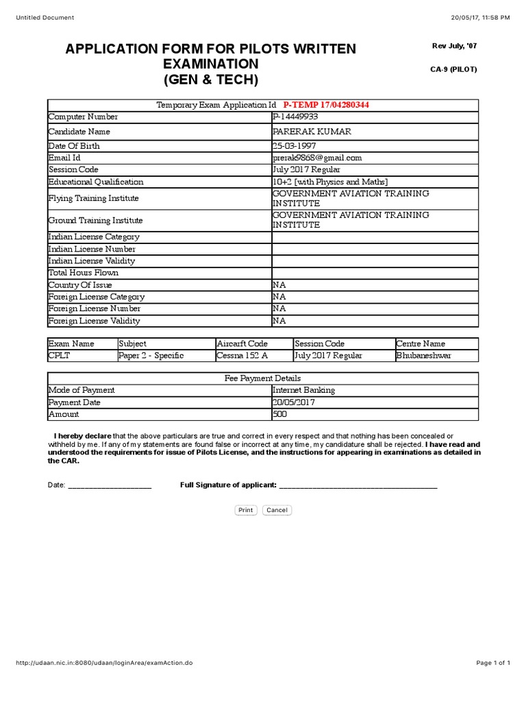 Application Form For Pilots Written Examination (Gen & Tech) | PDF ...